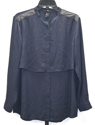 H&M Partially Sheer Navy Blue Button Front Top Size US 12 100% ...