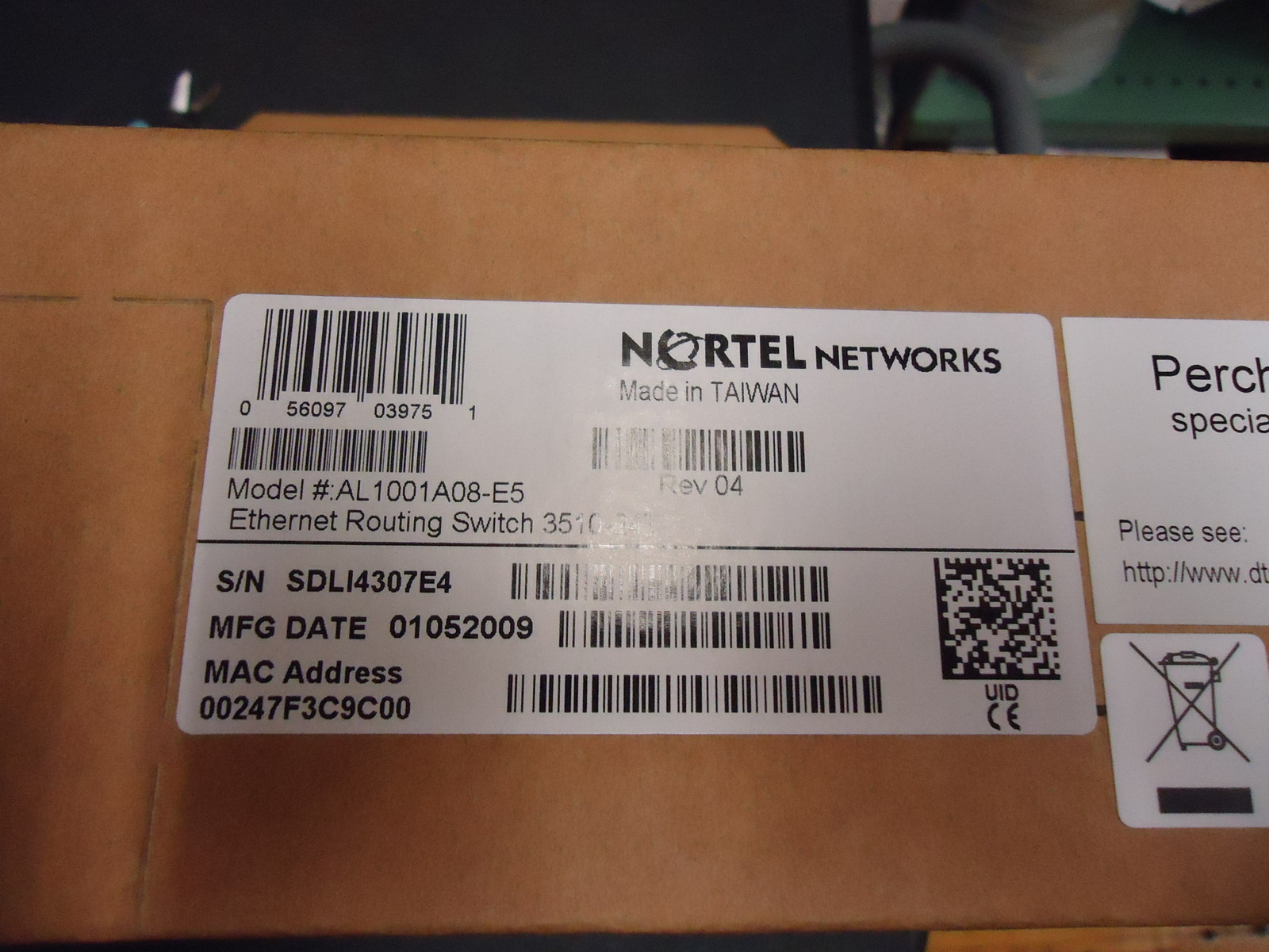 AL1001A08-E5 NORTEL NETWORKS BAYSTACK ETHERNET ROUTING SW 3510-24T ...