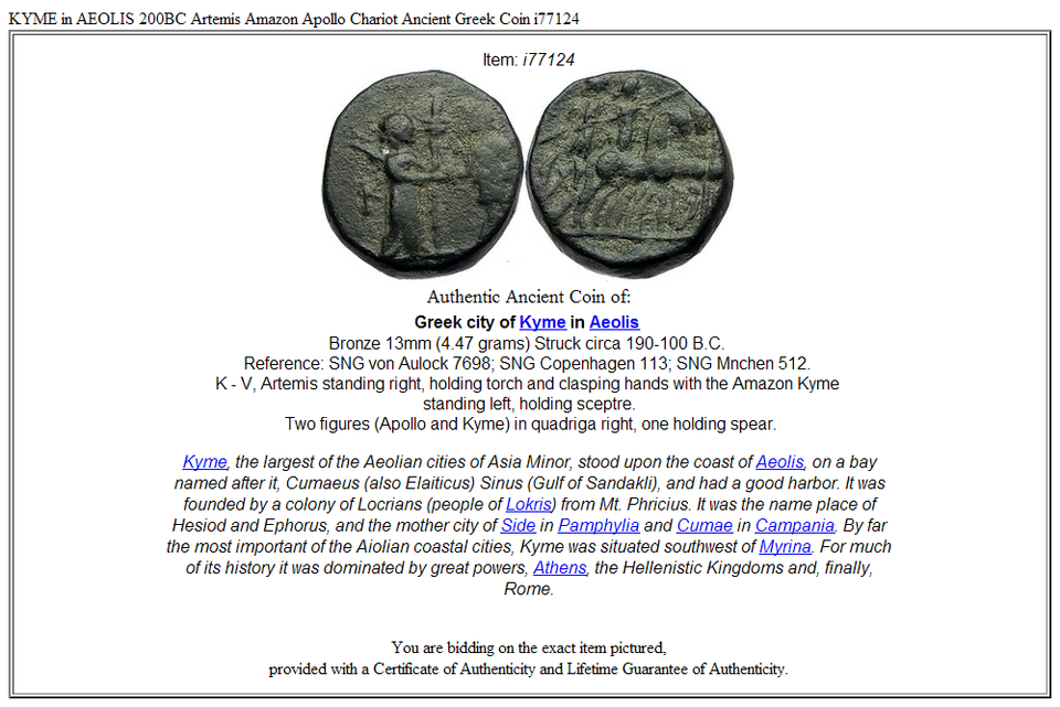KYME in AEOLIS 200BC Artemis Amazon Apollo Chariot Ancient Greek Coin ...