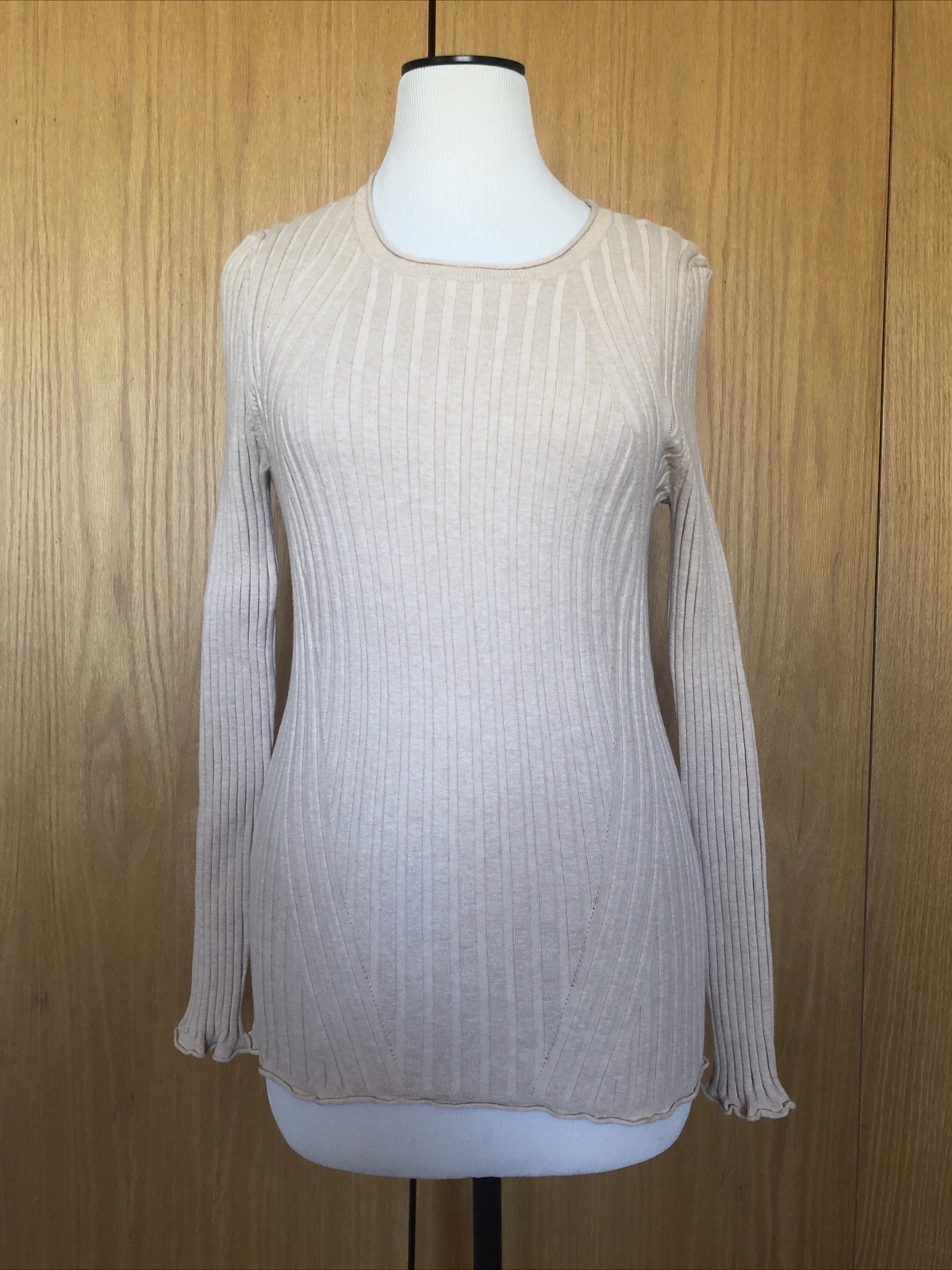 SUNDANCE Legends beige spaghetti ribbed knit stretchy cotton sweater ...