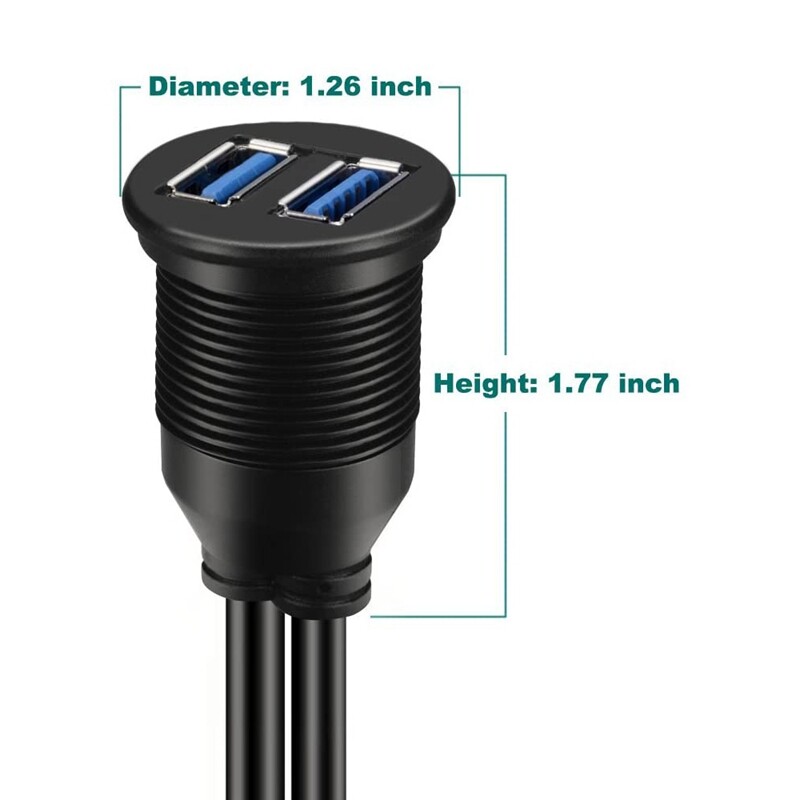 2 Ports Dual USB 3.0 AUX Flush Mount Car Mount Extension Cable for ...