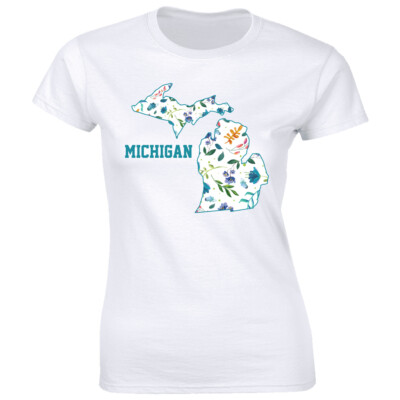 Michigan Flowers Floral Map T-Shirt for Women Hometown State Pride Gift ...