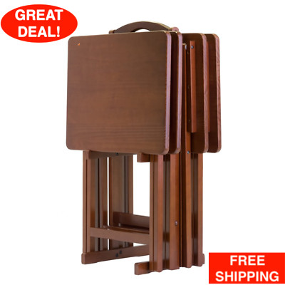 5 Pcs Wooden TV Tray Set W/ Stand Folding Table Snack Food Storage ...