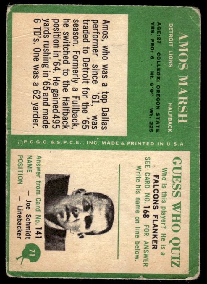 1966 Philadelphia Amos Marsh Detroit Lions #71 | eBay