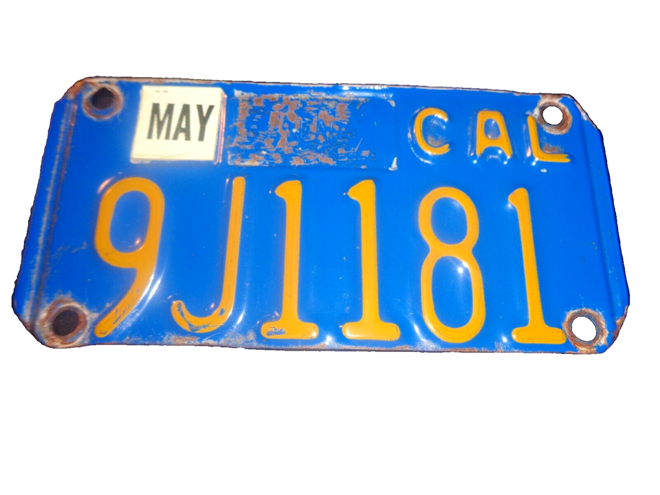 Vintage California CA Motorcycle License Plate Yellow On Blue # 9J1181 ...