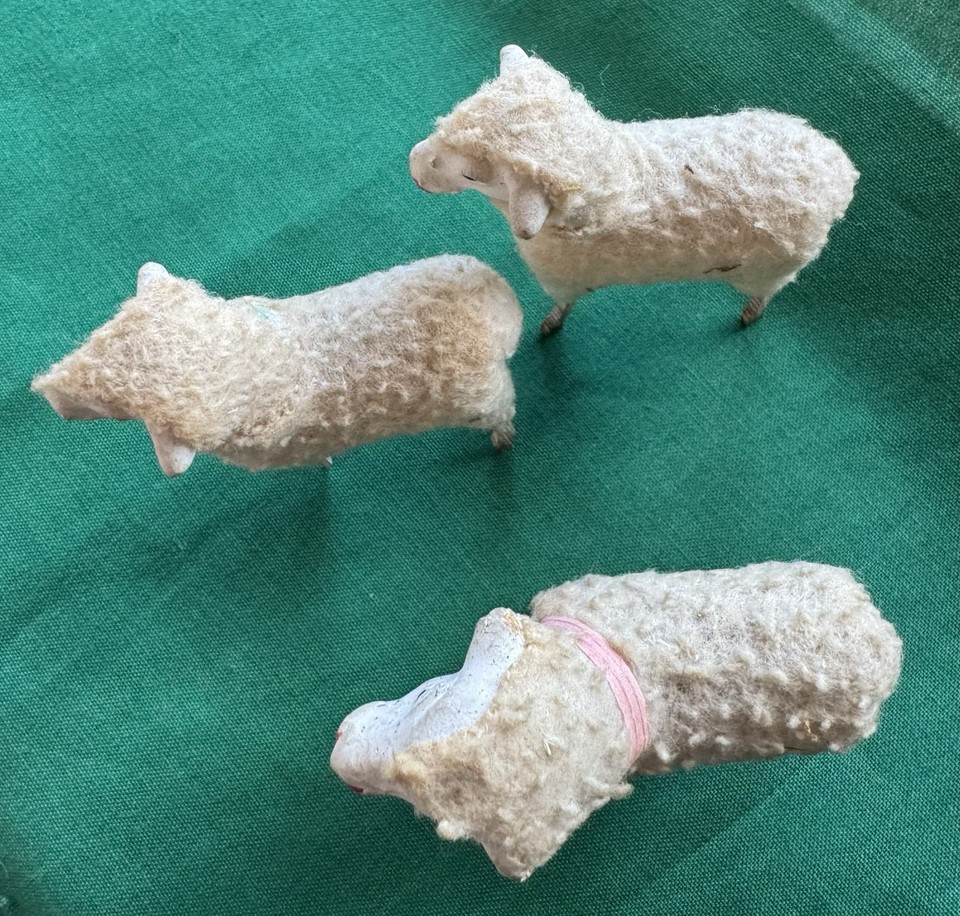3 Antique German Putz Wooly Sheep Matchstick Legs 2.5" LOT 3 Pink ...
