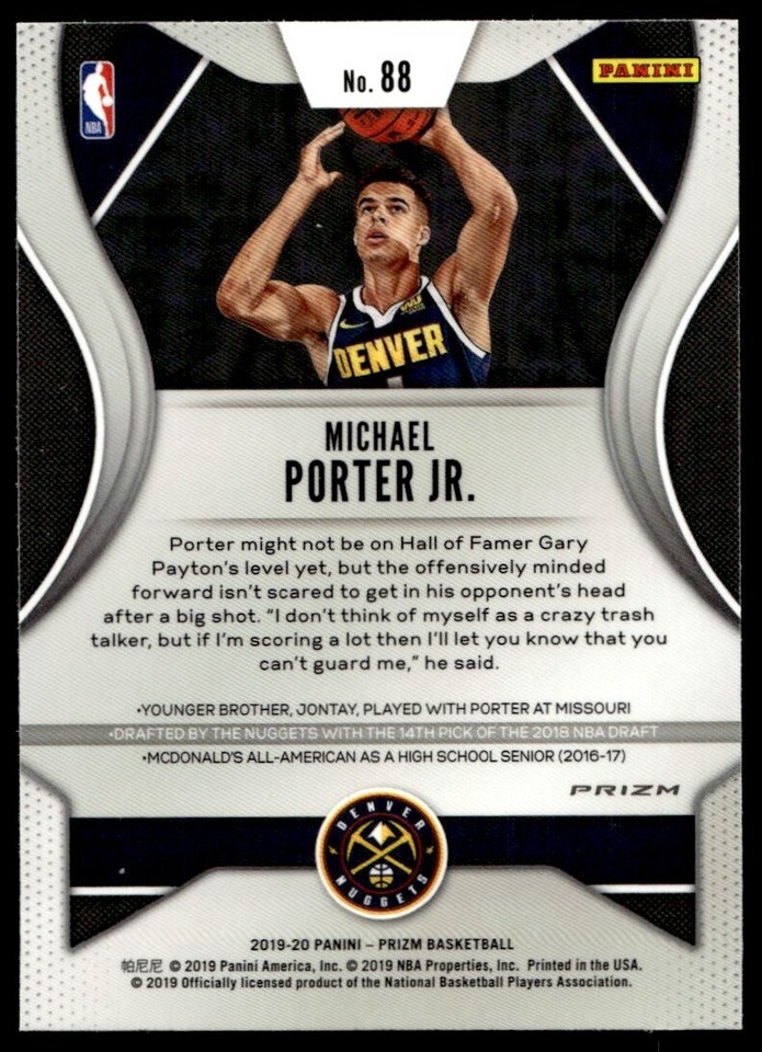 2019-20 Panini Prizm Orange Ice Michael Porter Jr. G56 Denver Nuggets ...