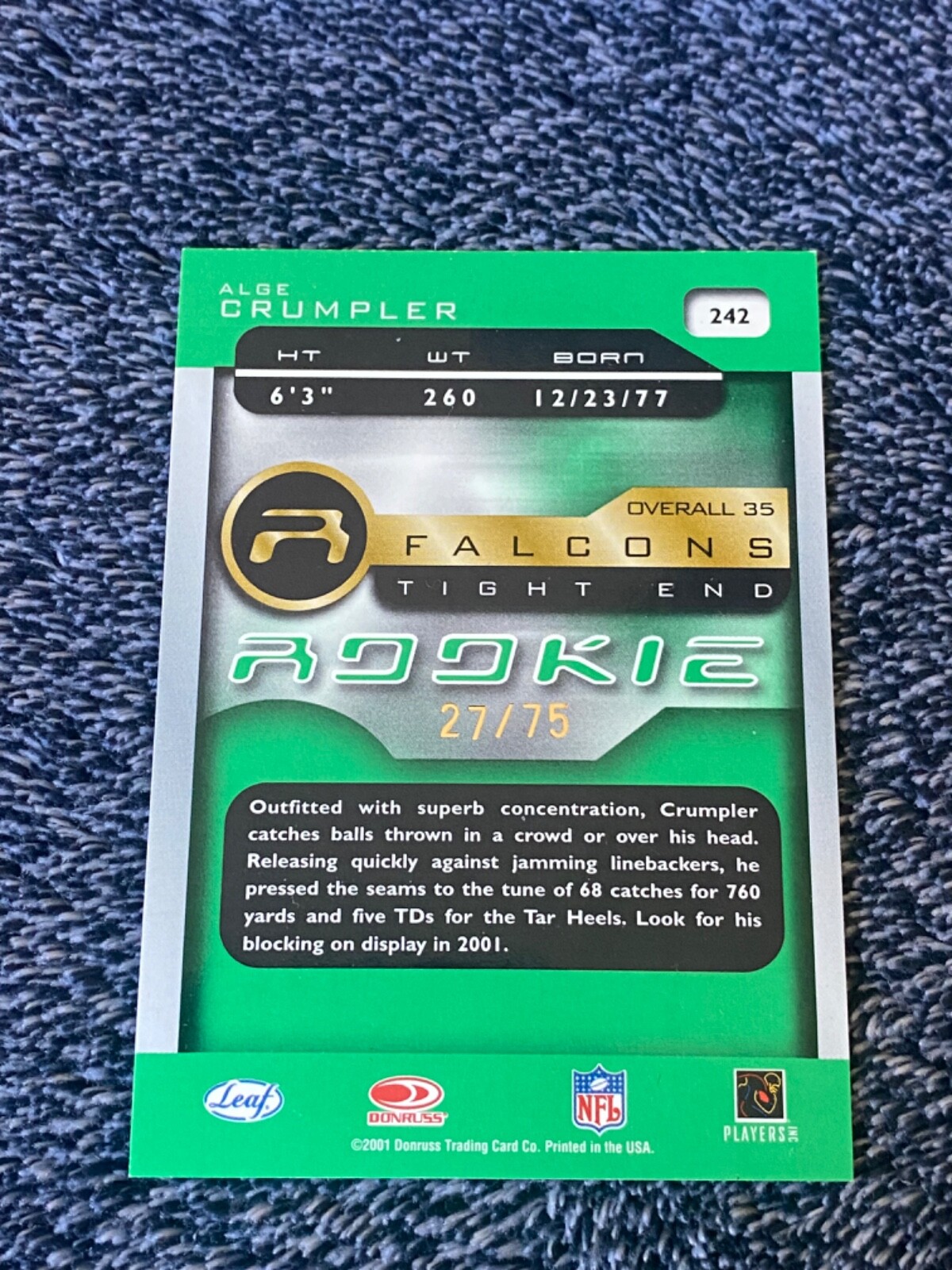 2001 Quantum Leaf - Rookie Alge Crumpler #242 Infinity Green /75 (RC ...