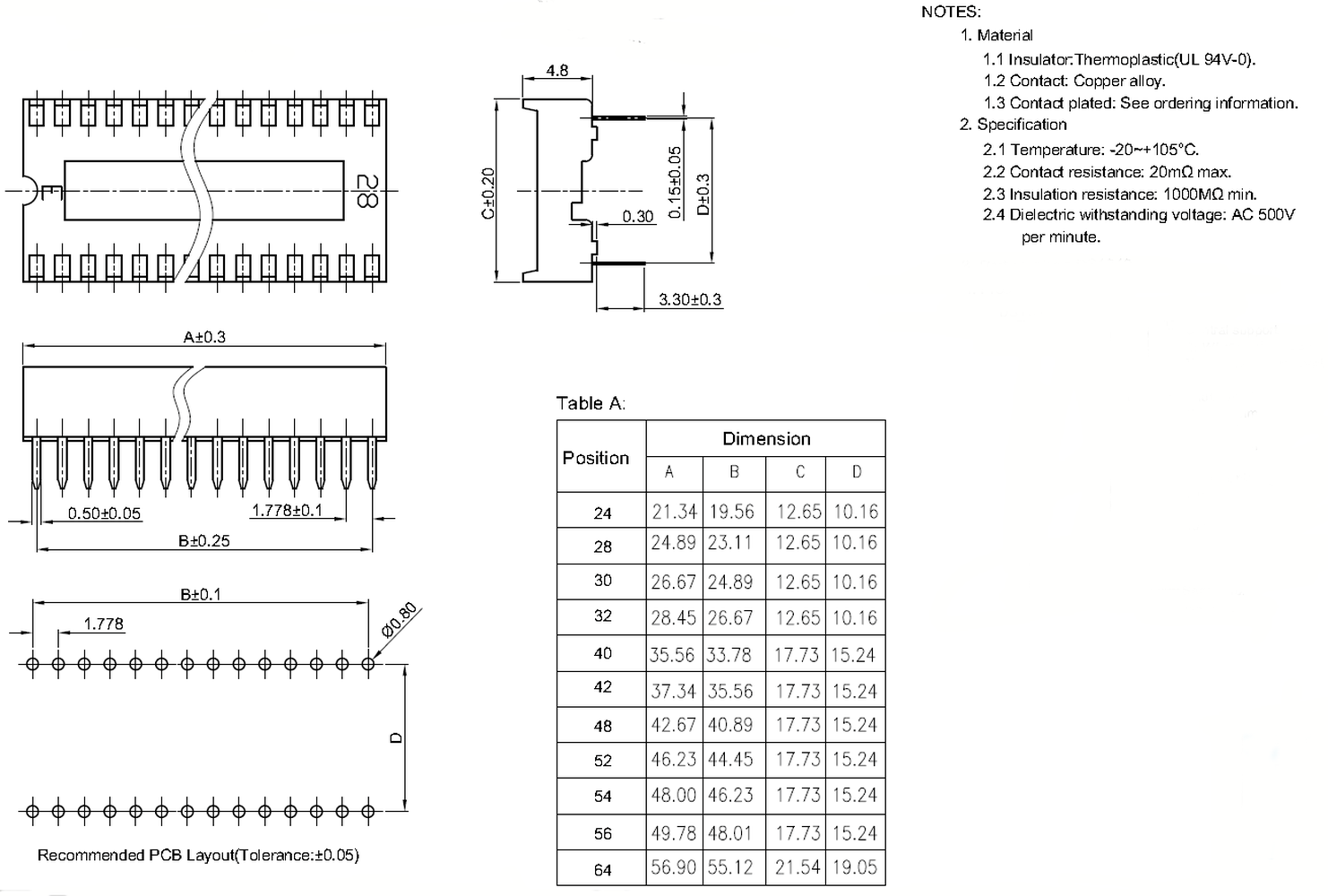 5Pcs 1.778mm Pitch 64 Pin DIP Solder Type 64P IC Socket Adapter Wide 21 ...