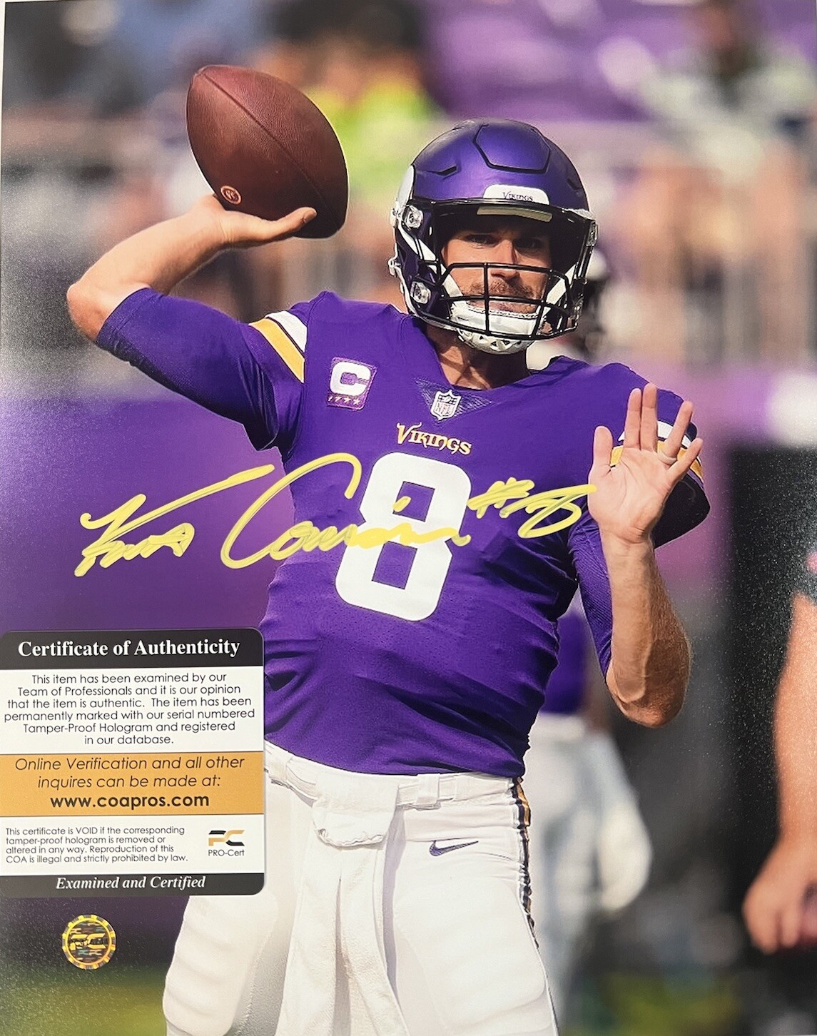 Kirk Daniel Cousins Minnesota Vikings Signed Autographed 10x8 Photo PCA ...