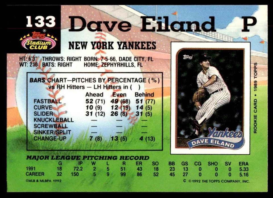 1992 Stadium Club Baseball Card Dave Eiland New York Yankees #133 | eBay