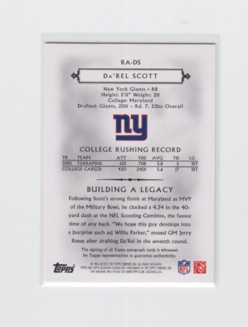 2011 Topps Legends Da'Rel Scott RC Auto Giants | eBay