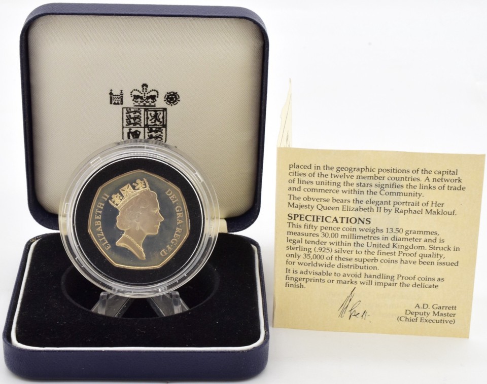 Coin Silver Proof 50P Fifty Pence EU Council 1992 1993 Dual Date BOX ...