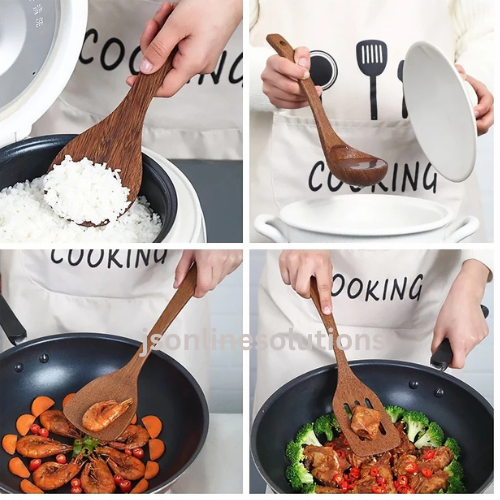 6pcs Wooden Kitchen Utensils Set – Non-Stick Spatula, Spoon & Ladle ...