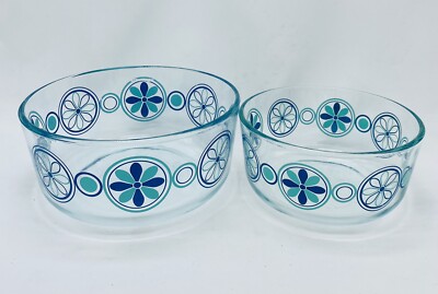 2 Pyrex Clear Glass Mixing Bowls PINWHEEL Flowers Blue Turquoise ...