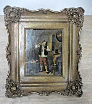 Antique Framed Painting of Man Lighting Pipe. ? Continental ? 31 x 26.5 ...