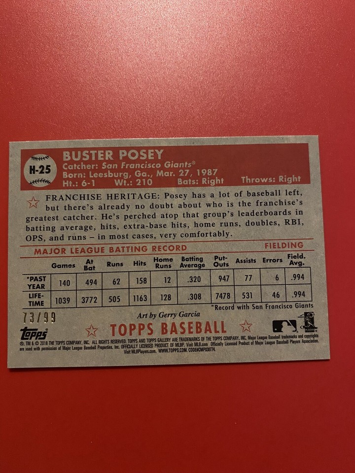 2018 Topps Gallery Heritage Blue /99 Buster Posey #H25 Giants HOF Rare ...