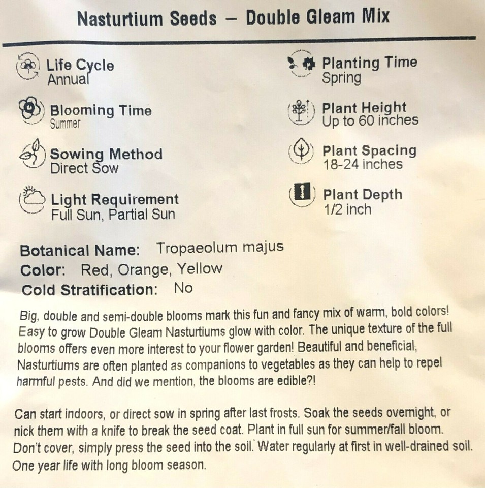 Nasturtium DOUBLE GLEAM Heirloom Pollinator Attractor EDIBLE Non-GMO 20 ...