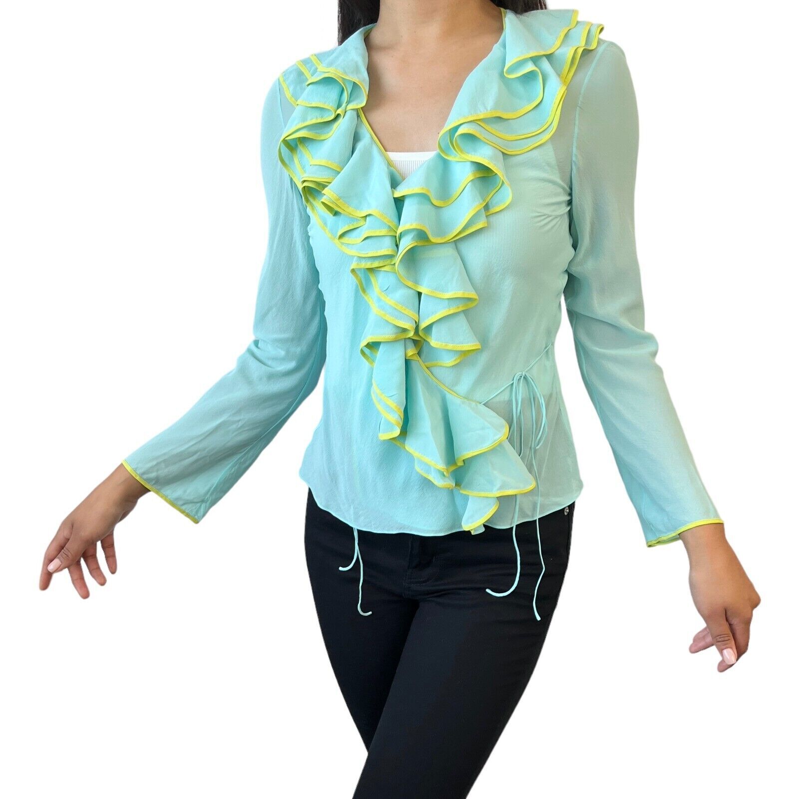 Christian Dior vintage Frill Top Blouse #36 Strings Soie Bleu Clair ...