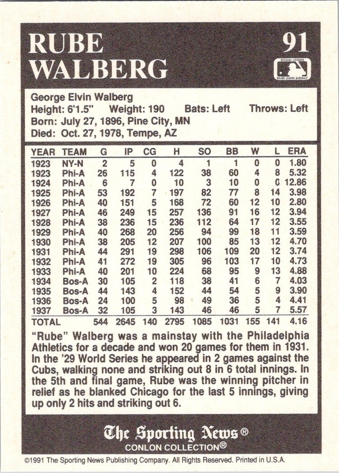 Rube Walberg #41 1991 Conlon Collection TSN | eBay