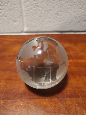 Etched Crystal World Globe Earth Paperweight Clear Frosted Glass Office ...