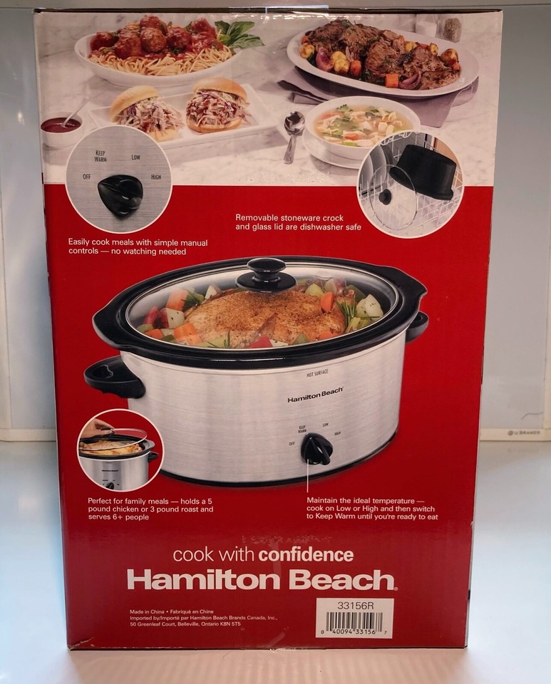 Hamilton Beach 5 Qt Oval Slow Cooker 33156R w/Removable Stoneware Crock ...