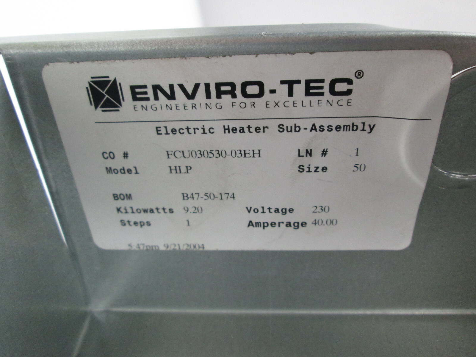 New Enviro-Tec Electric Heater Sub-Assembly HLP Horizontal Low Profile ...