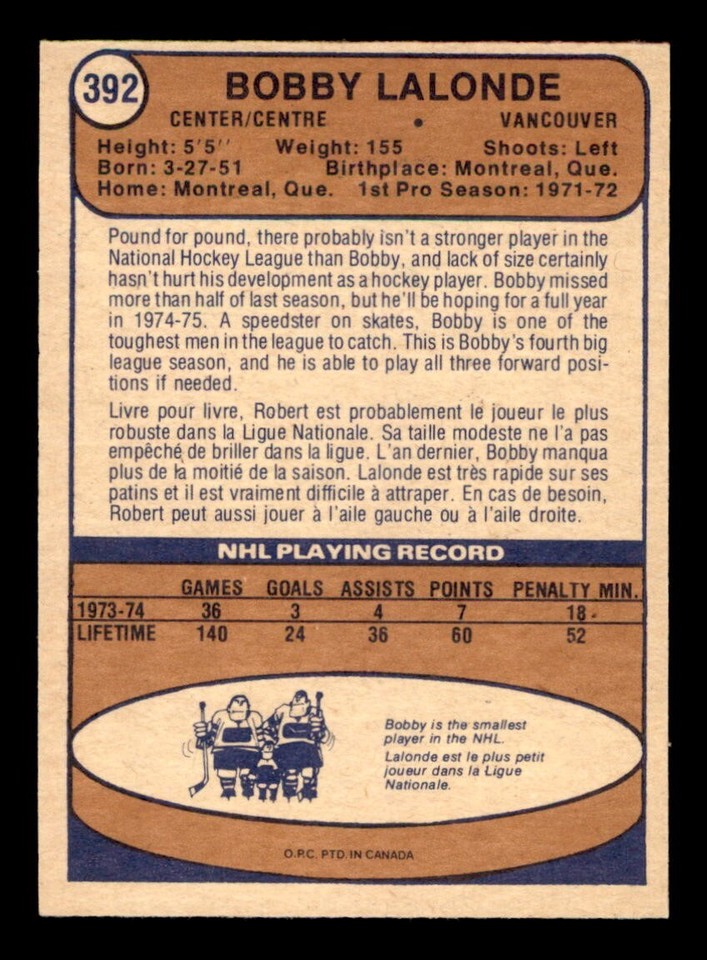 1974 OPC O-Pee-Chee Hockey #392 Bobby LaLonde NM | eBay
