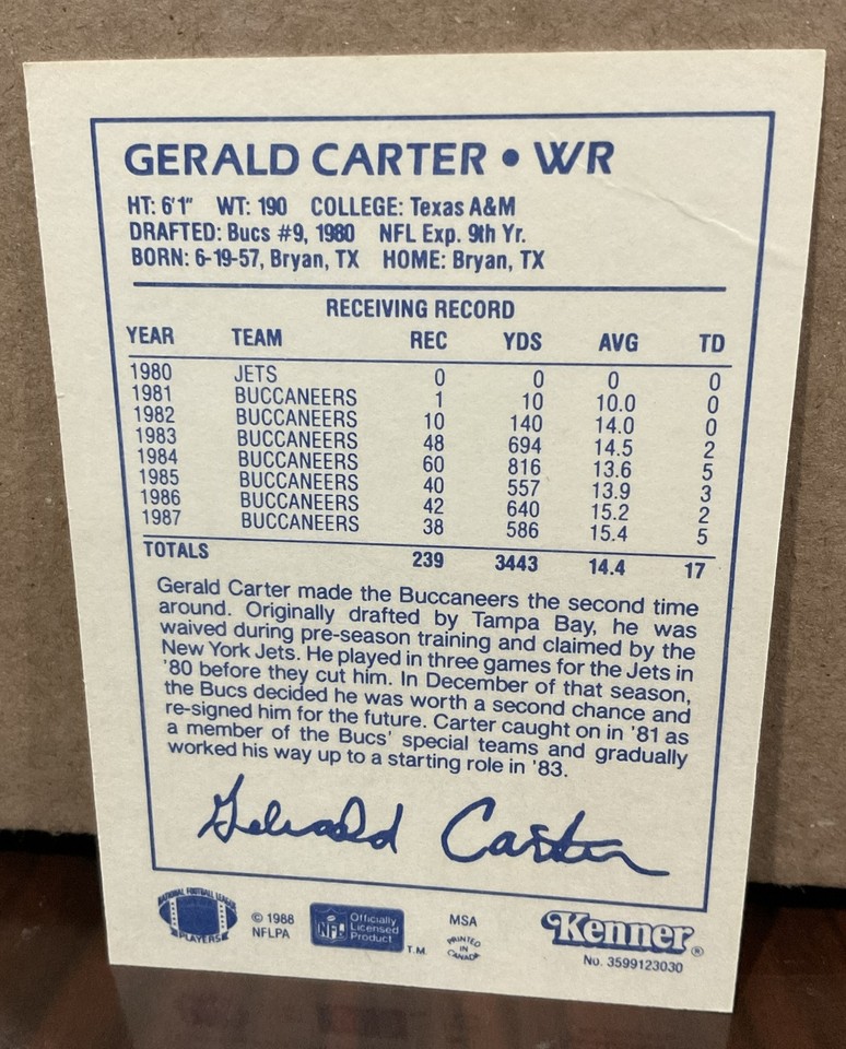 GERALD CARTER 1988 KENNER STARTING LINEUP CARD - TAMPA BAY BUCCANEERS ...
