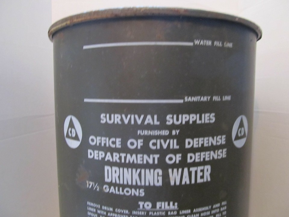 1963 CIVIL DEFENSE DRINKING WATER 17.5 Gallon Steel Drum~Bomb Shelter ...