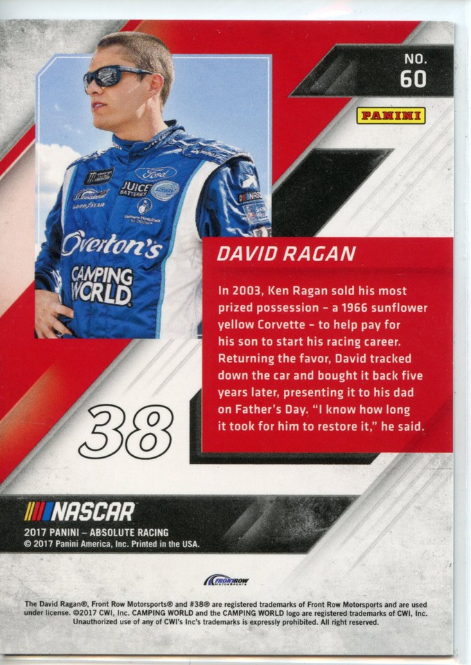 2017 Panini Absolute Racing NASCAR GOLD Parallel #60 David Ragan #4/25 ...