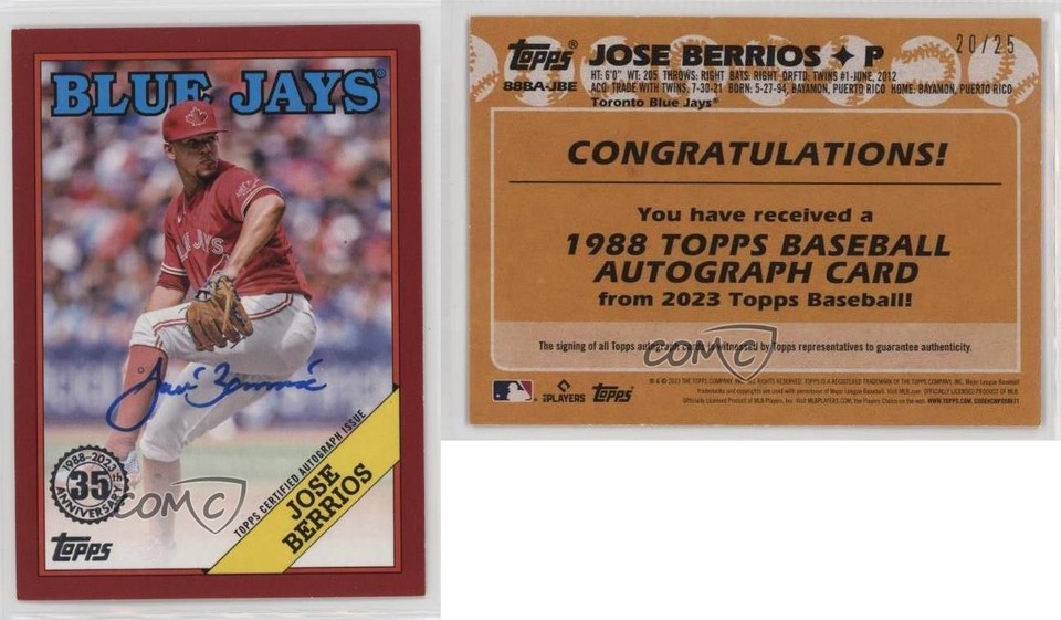 2023 Series 2 1988 Topps Baseball Red 20/25 Jose Berrios #88BA-JBE Auto ...