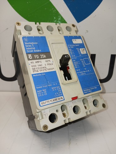 WESTINGHOUSE FD3040L 40 AMP CIRCUIT BREAKER 3 POLE 600 VAC 25K | eBay