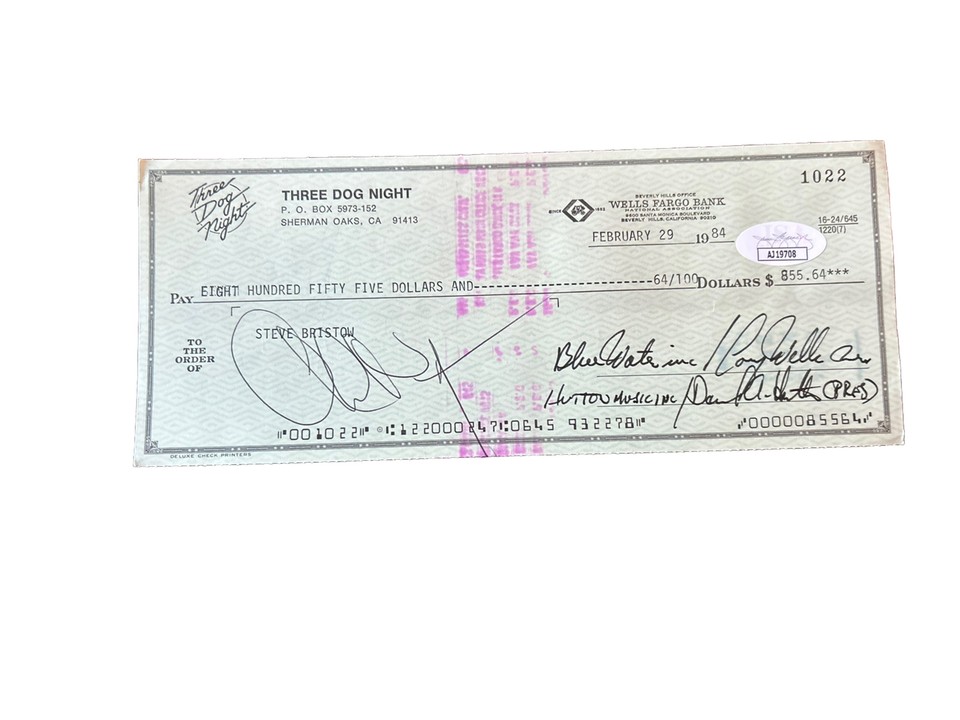 THREE DOG NIGHT SIGNED CHECK CHUCK NEGRON DANNY HUTTON CORY WELLS photo ...