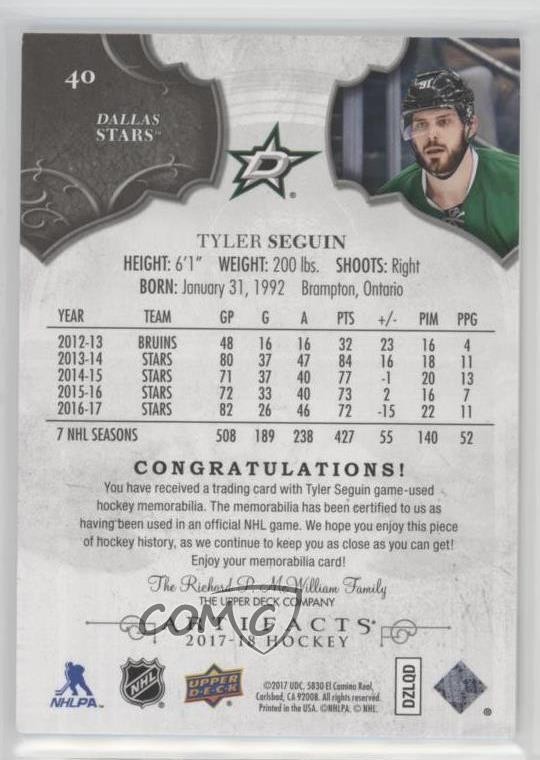 2017-18 Upper Deck Artifacts Silver Materials 47/165 Tyler Seguin #40 ...