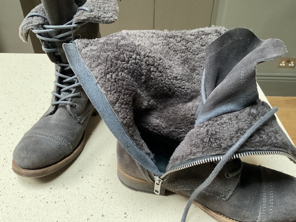 All Saints Suede Military laced Sheepskin wool Borg Lined Boots Size UK ...