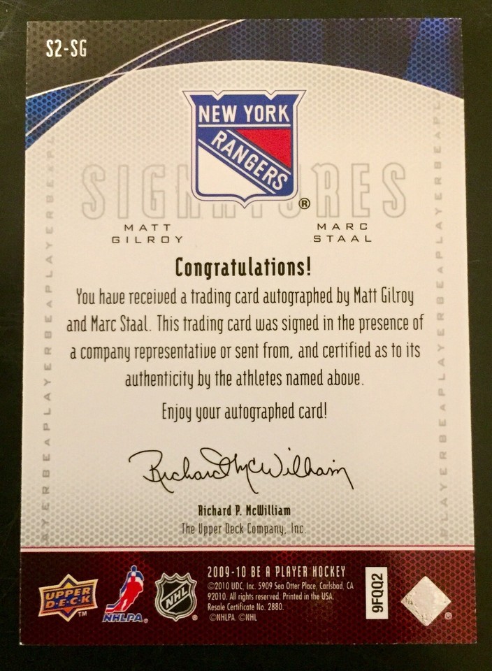 09/10 Be A Player #S2-SG Marc Staal/Matt Gilroy Dual Autograph SP ...