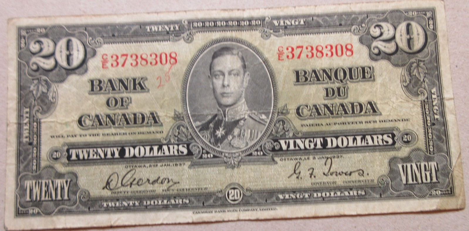 1937 Bank of Canada Twenty Dollar $20 Bill. VF - EF NICE GRADE $20 Bank ...
