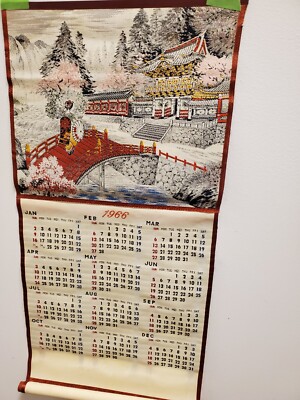 1966 Oriental design linen calendar, rolls up on wooden scroll, about ...