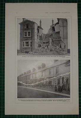 1916 WWI WW1 PRINT ~ HOUSE AT LOWESTOFT HIT BY GERMAN SHELL DURING ...