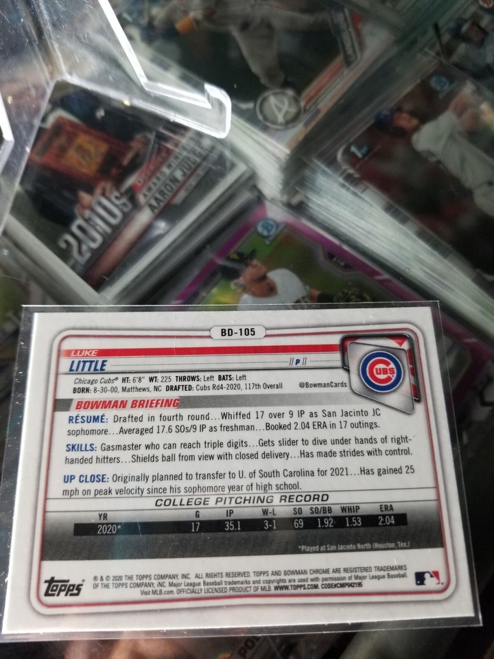 Luke Little 2020 Bowman Chrome Draft 1st Rookie Card Chicago Cubs ...