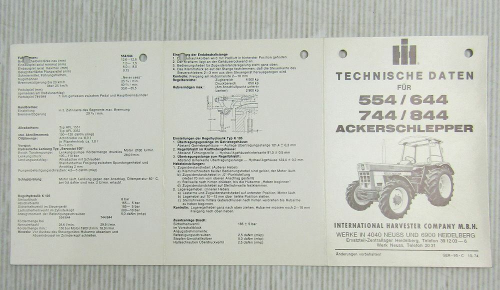 IHC 554 644 744 844 Technische Daten Ackerschlepper Mc Cormick 10/1974 ...