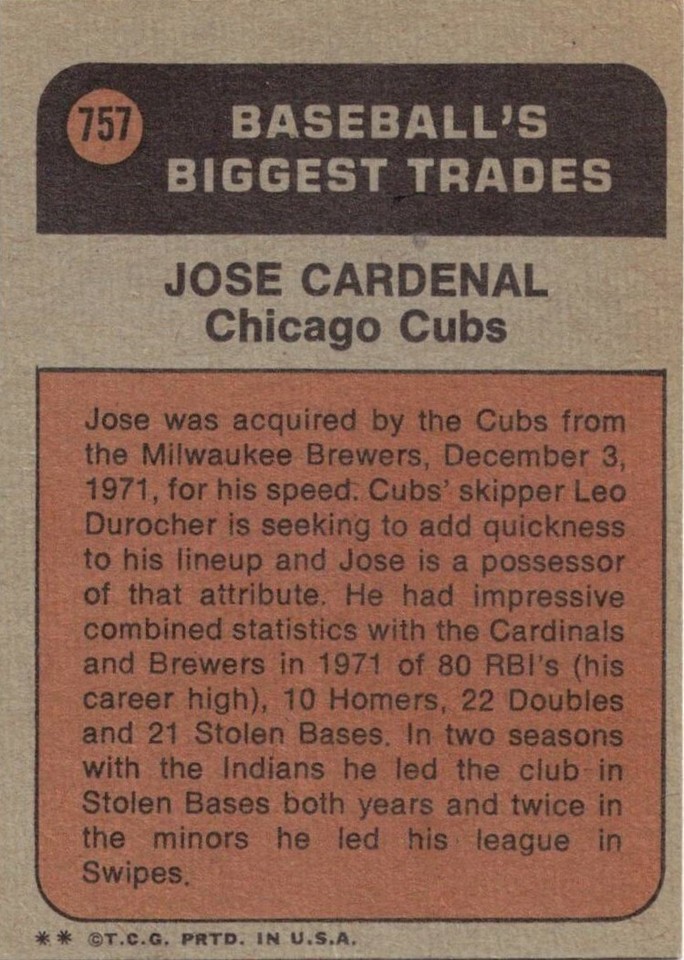 JOSE CARDENAL-CHICAGO CUBS-1972 TOPPS #757-AUTOGRAPHED-HIGH NUMBER-RARE ...