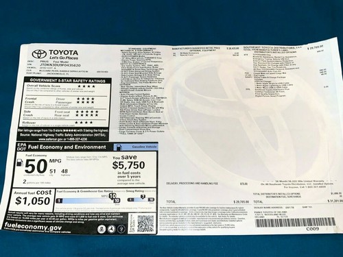 2015 Toyota Prius Four Model Monroney Label Window Price Sticker | eBay
