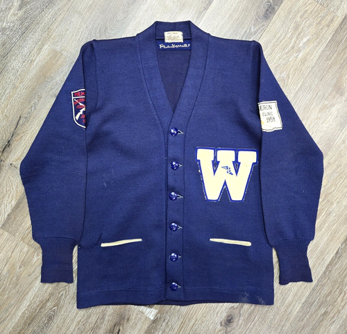 Dehen Vintage 50s NRA W Winged Foot Patch Blue Wool Cardigan Mens ...