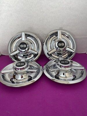 (4) 3 BAR SPINNERS CENTER CAPS FOR CHEVY RALLY WHEELS 7",BLACK & SIVLER ...