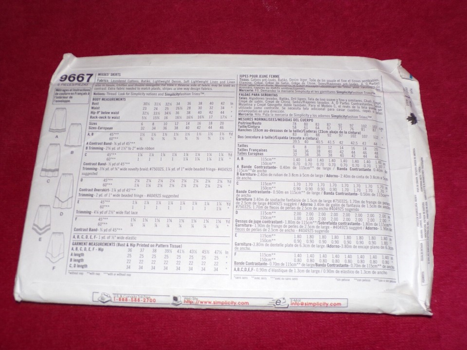 🌸 SIMPLICITY #9667 - LADIES CUTE-EASY ( 6 STYLE ) PULL ON SKIRT PATTERN ...