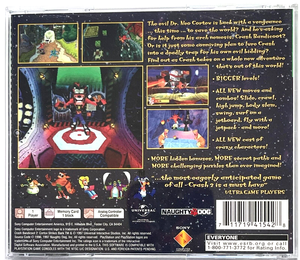 EXCELLENT SONY PLAYSTATION 1 CRASH BANDICOOT 2 HITS CORTEX STRIKES BACK ...