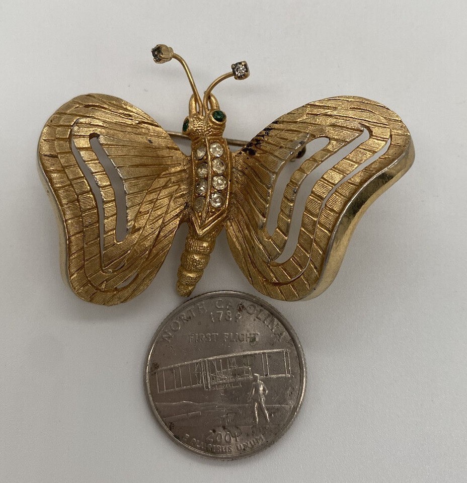 Vintage DeNicola Butterfly Insect Gold Tone Brooch Pin Green Jewels ...