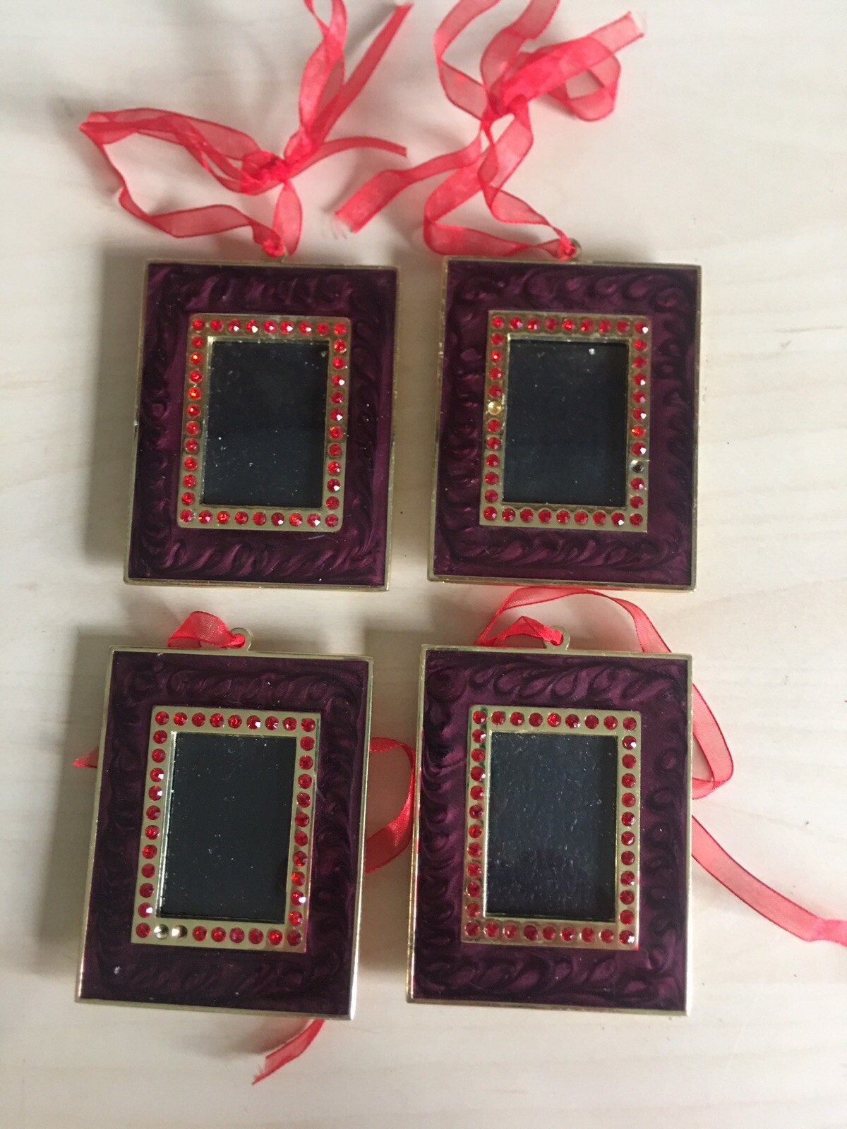 Vintage Metal Enamel Christmas Holiday Picture Frame Ornaments Set Of ...